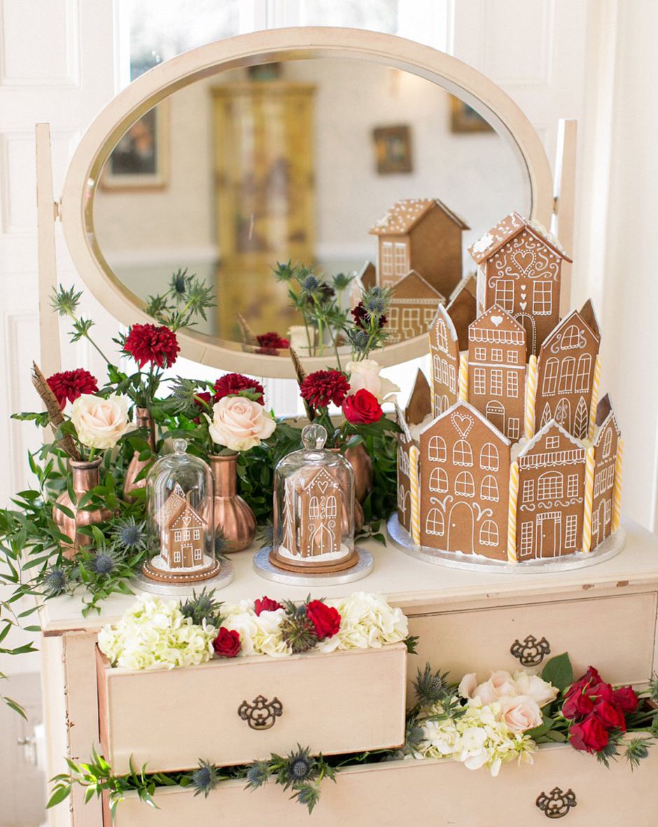 Gingerbread House For A Festive Christmas Wedding Red And White Florals